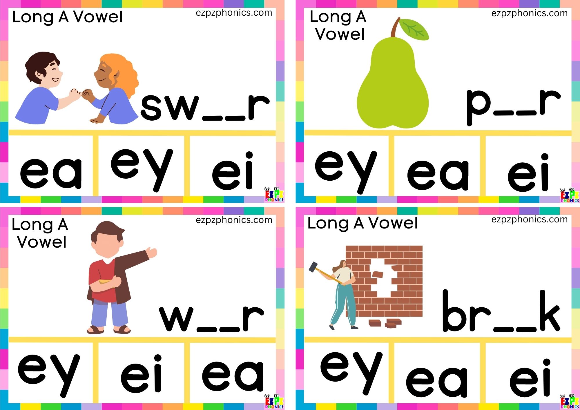 Finish the ea words and clip the correct letters Clip cards for long a vowel - ezpzphonics.com